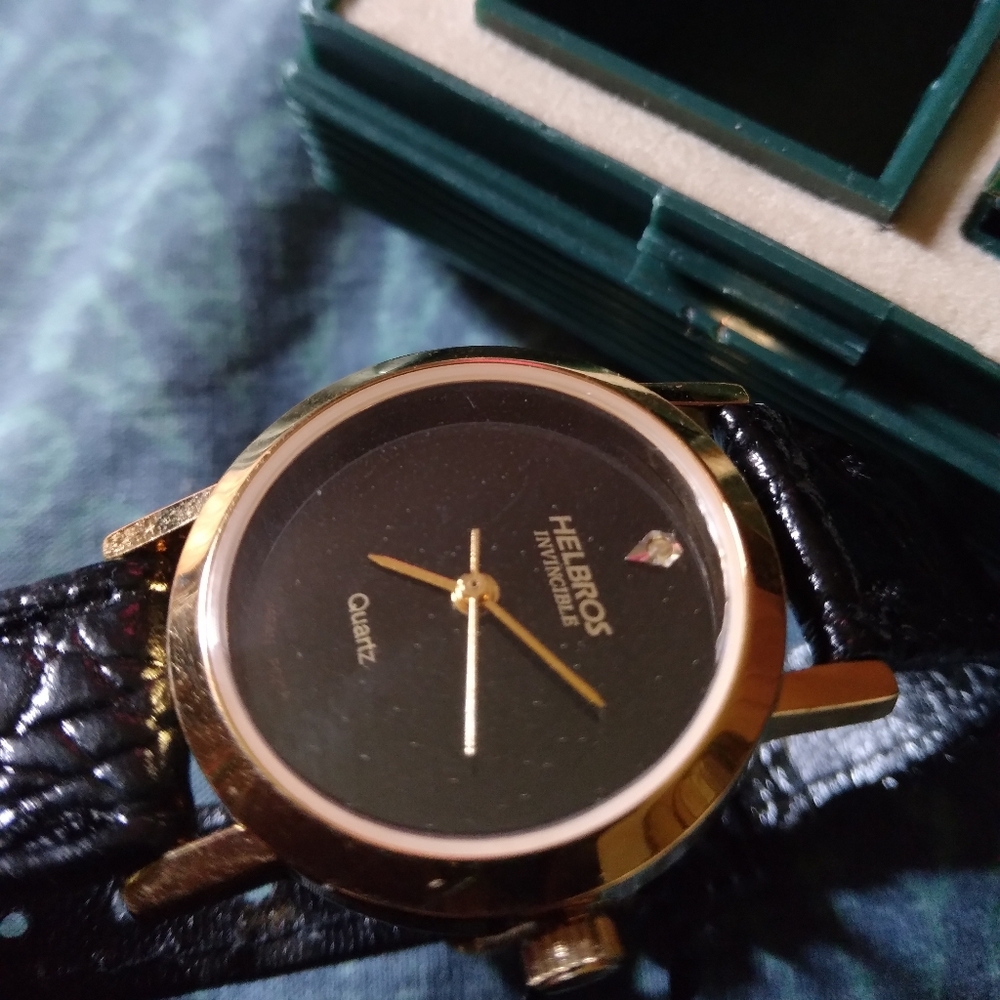 Helbros Vintage Leather/Gold Watch In Box - Gem